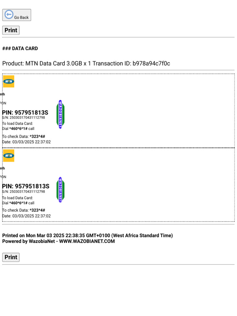 WazobiaNet - Datacard PIN(s) - MTN 3.0GBx1 - B978a94c7f0c Document | PDF