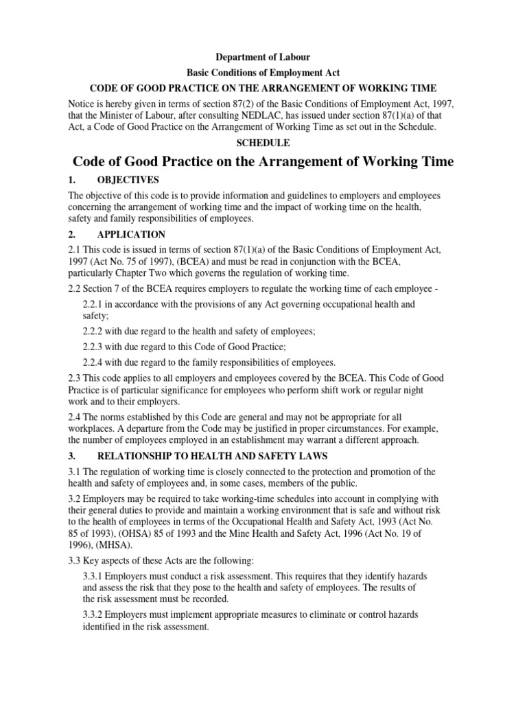 Code of Good Practice: Working Time | PDF | Shift Work | Occupational ...
