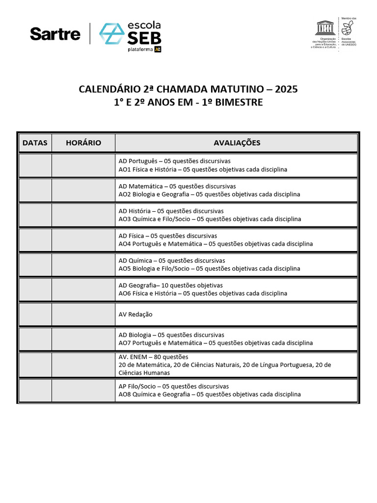 Calend%C3%A1rio%202%C2%AA%20Chamada%20matutino%201%C2%BA%20bim | PDF
