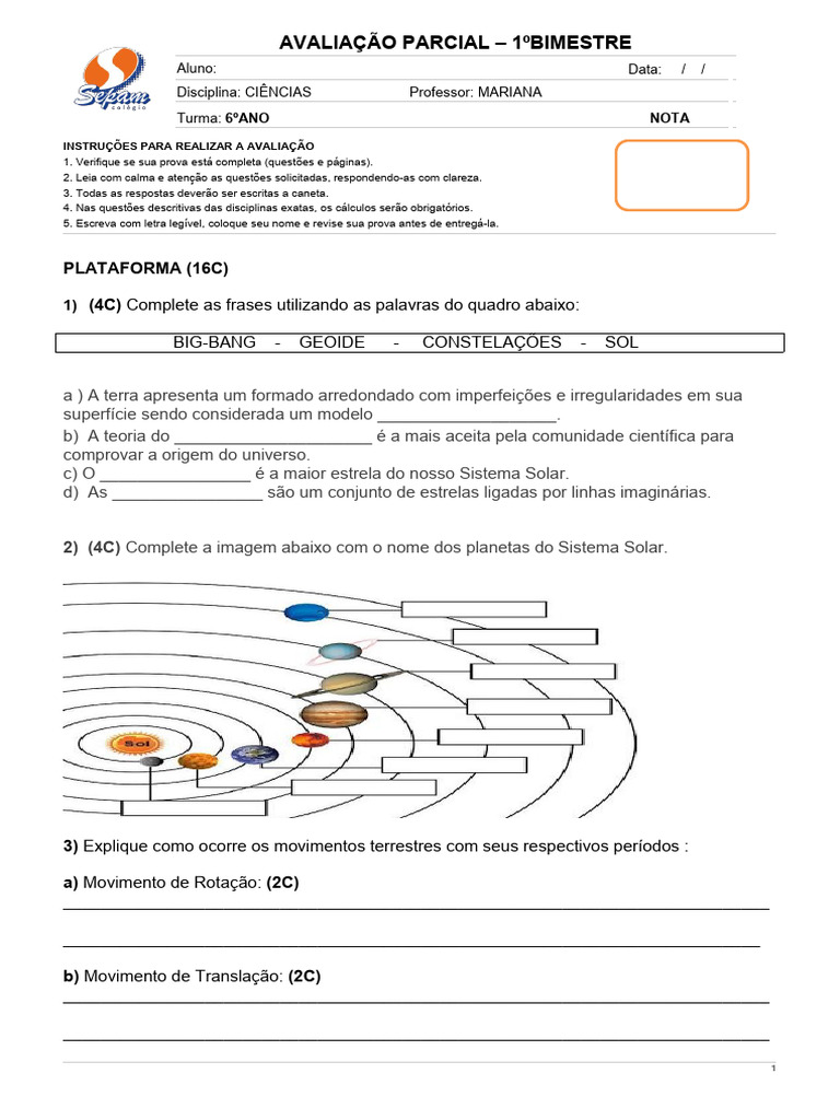 P1 - Ciências 6º Ano | PDF | Terra | Sistema Solar