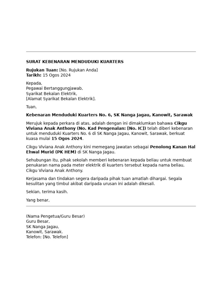 SURAT KEBENARAN MENDUDUKI KUARTERS SK NANGA JAGAU 2024 (2) | PDF