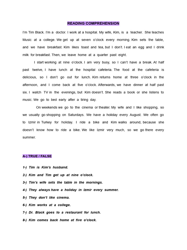 Reading comprehension - Present simple | PDF
