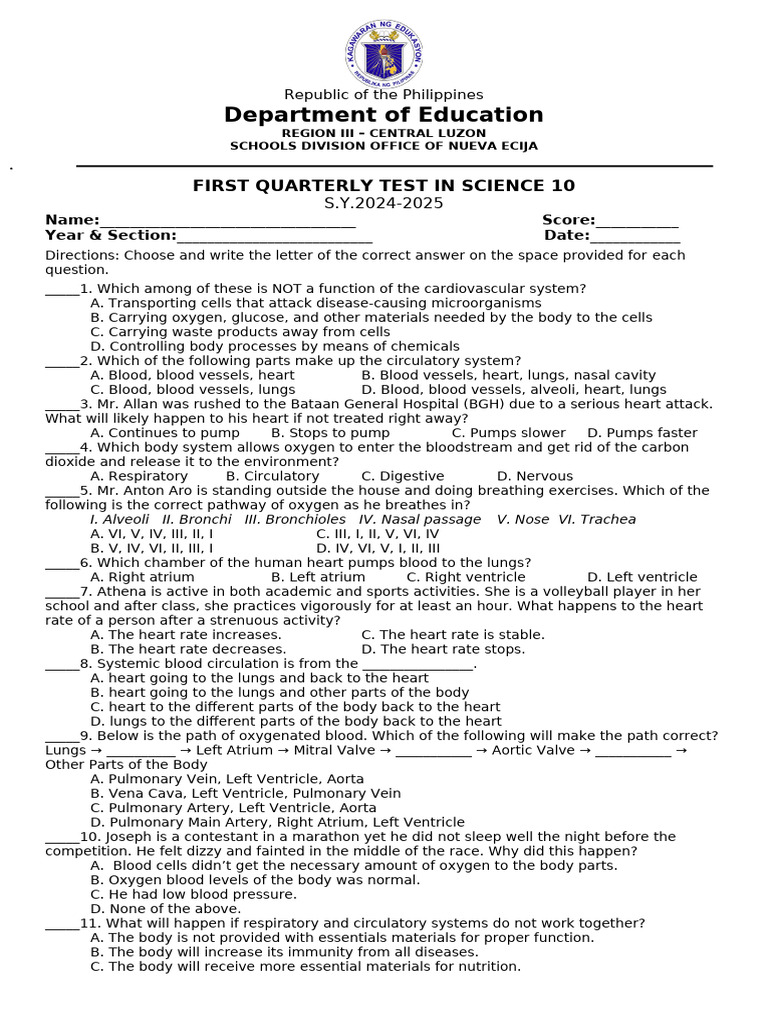 1st Quarter Test Grade 9 Science | PDF | Dominance (Genetics) | Heart