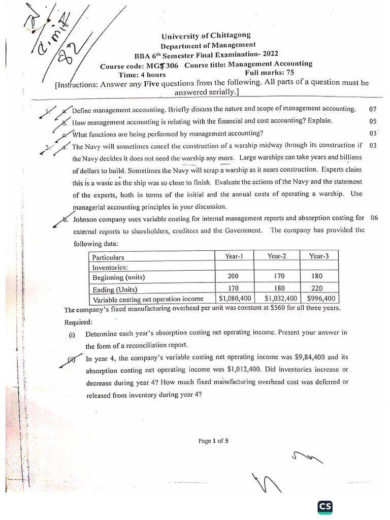 5th Semester M. Acc, MIS. SBM Previous Q | PDF
