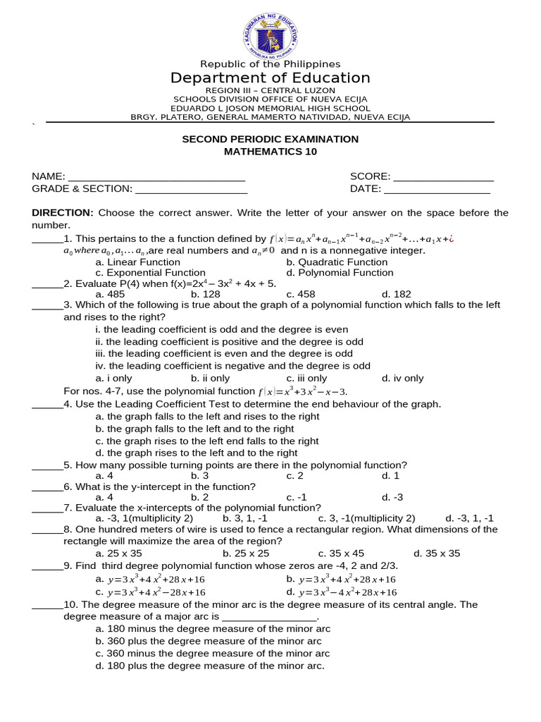 MATH 10 Test With Answer Key | PDF | Circle | Angle