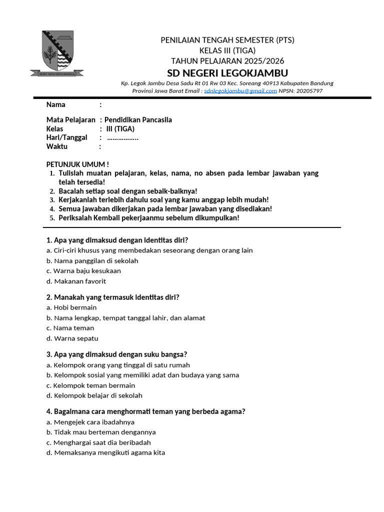 Soal PTS PKN Kelas 3 Genap | PDF