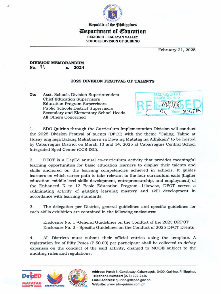DM No. 21 s. 2025 2025 Division Festival of Talents | PDF | Personal ...