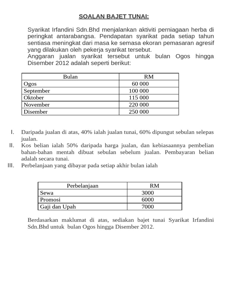 Soalan Budjet Tunai Untuk Latihan | PDF