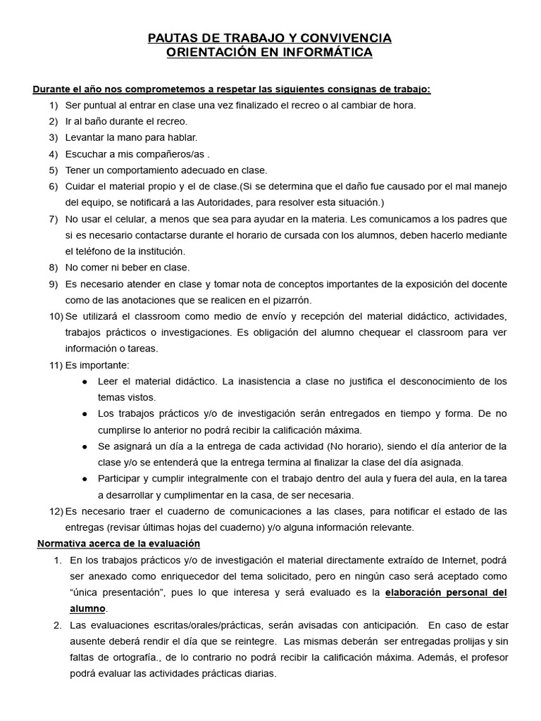 2023 - Pautas de Trabajo y Convivencia | PDF | Enseñando | Aprendizaje