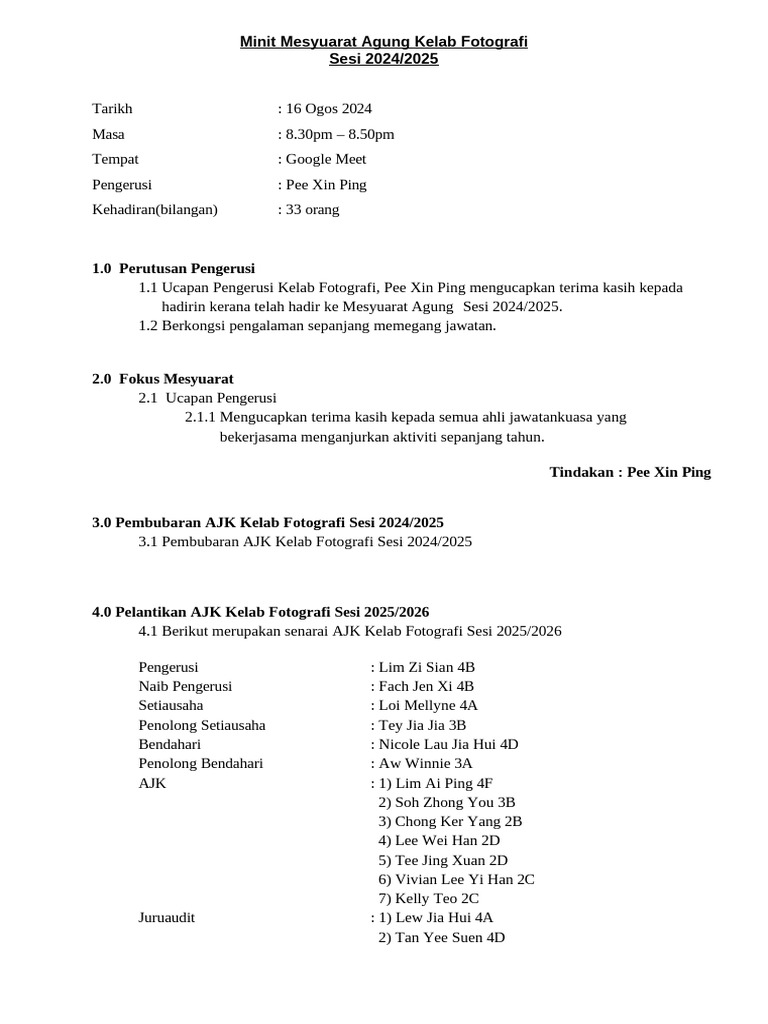 Minit Mesyuarat Agung Kelab Fotografi | PDF