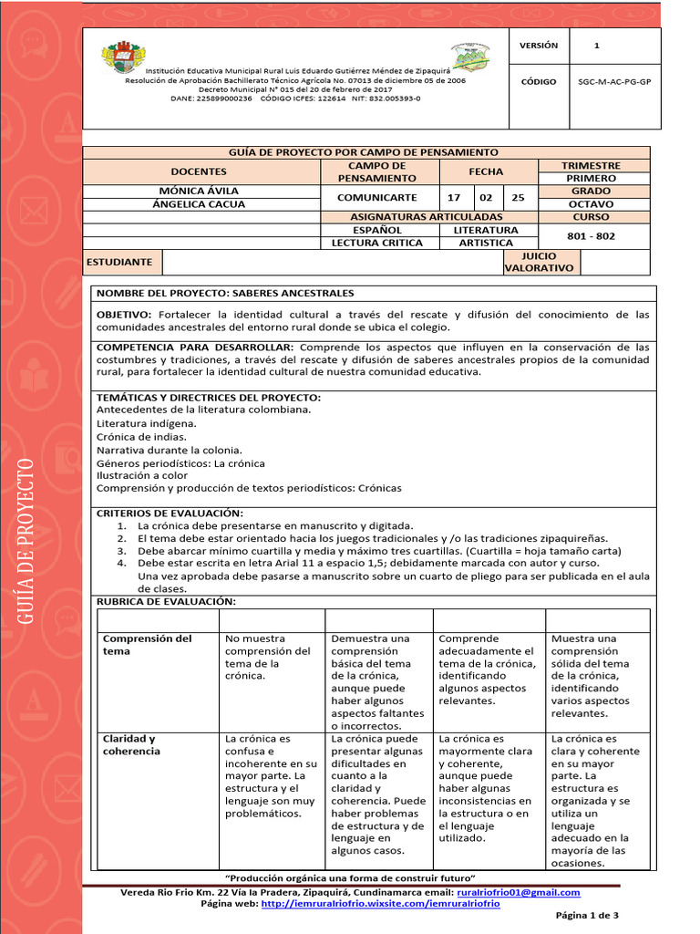 Comunicarte Guia de Proyecto Octavo 2025 | PDF | Narración | Gramática