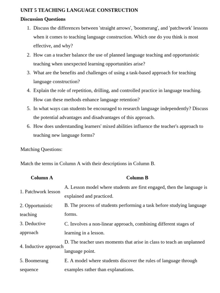 Unit 5 - Questions For Discussion (STDS) | PDF | Learning | Language ...