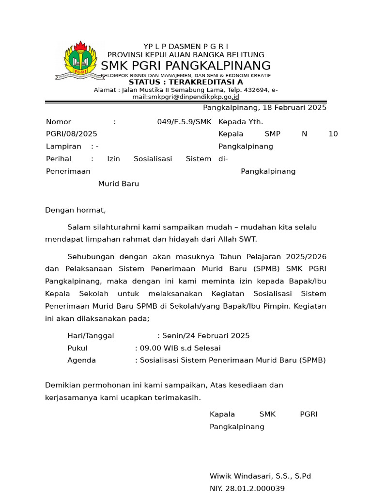 Izin Sosialisasi SPMB ke Sekolah SD | PDF
