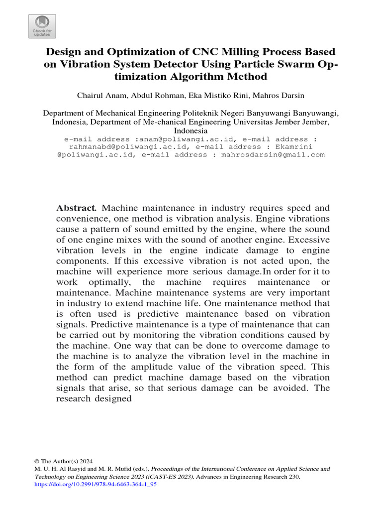 Design And Optimization Of Cnc Milling Process Based On Vibration System Detector Using Particle