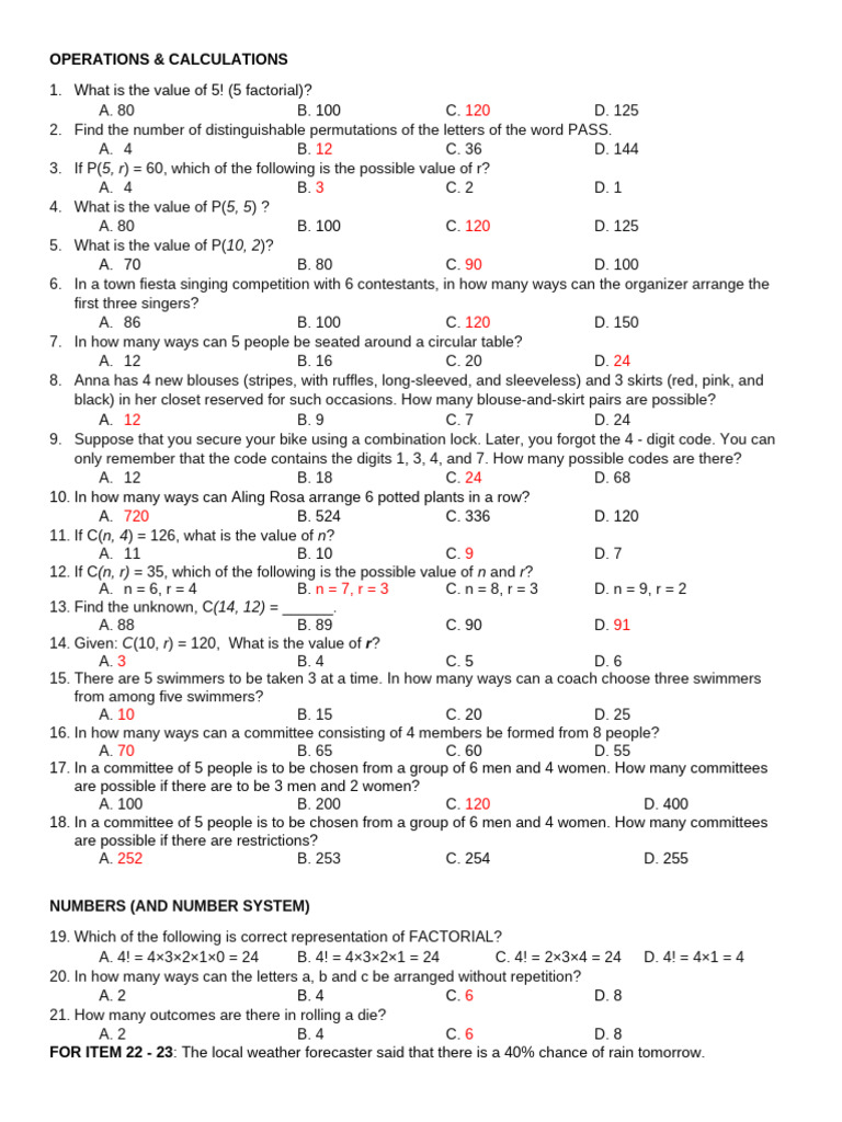 Operations and Calculations Quiz | PDF | Odds | Mathematics