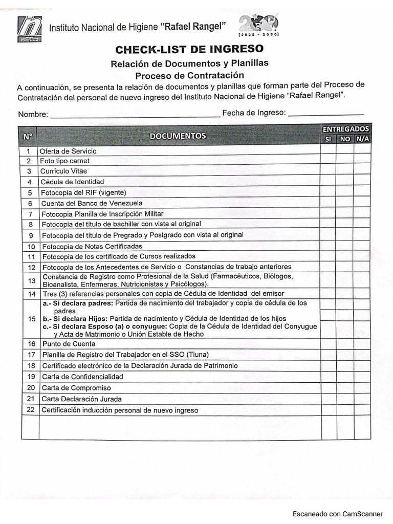 Check List Ingreso INHRR | PDF