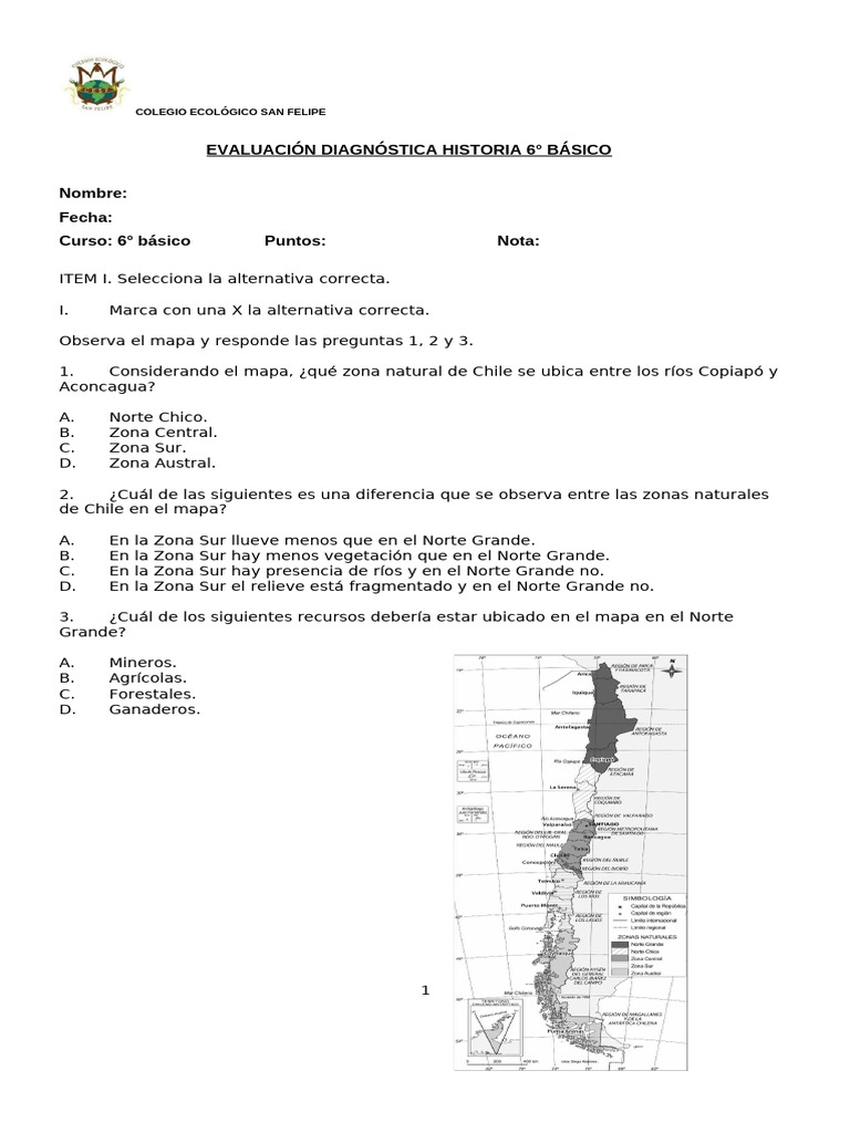 Evaluación Diagnóstica Historia 6° | PDF | Chile