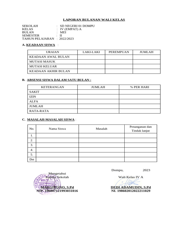 Laporan Bulanan Wali Kelas | PDF