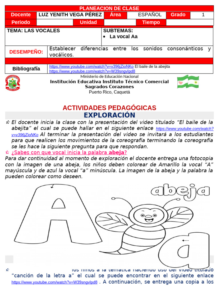 Plan de Clase: Vocal "A" para 1° Grado | PDF | Aprendizaje