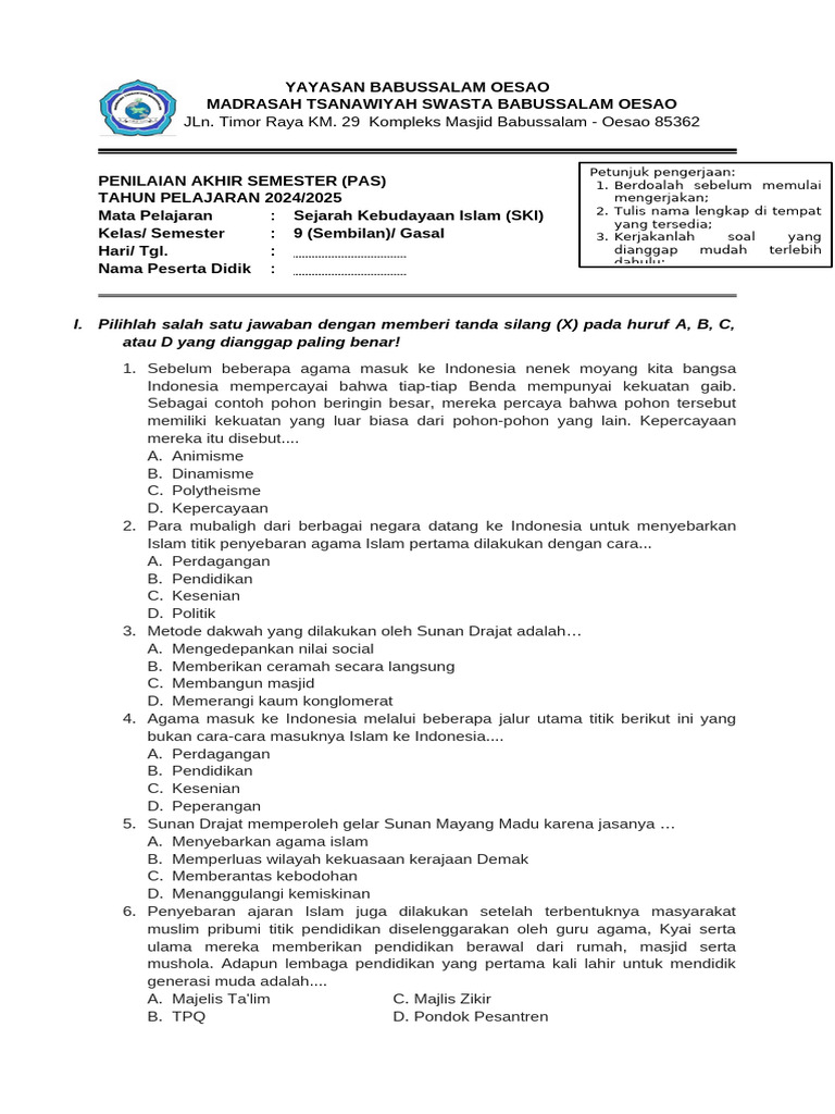 Soal Pas Ski Kelas 9 | PDF