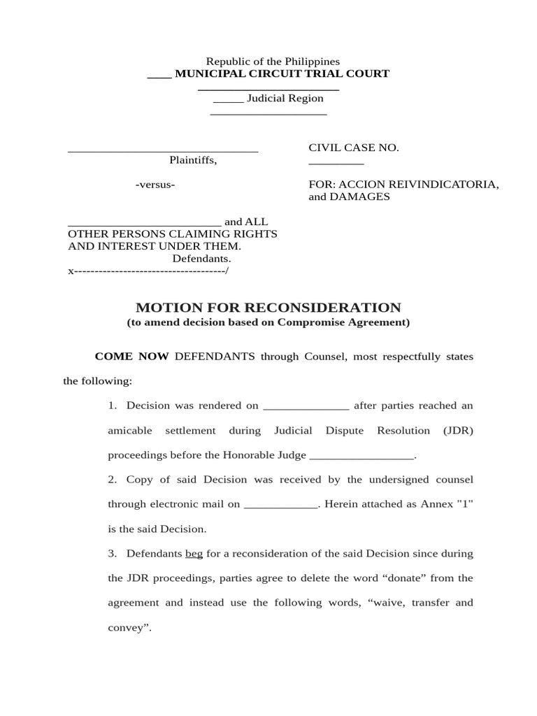 Blank1 Motion For Reconsideration | PDF | Lawsuit | Government Institutions