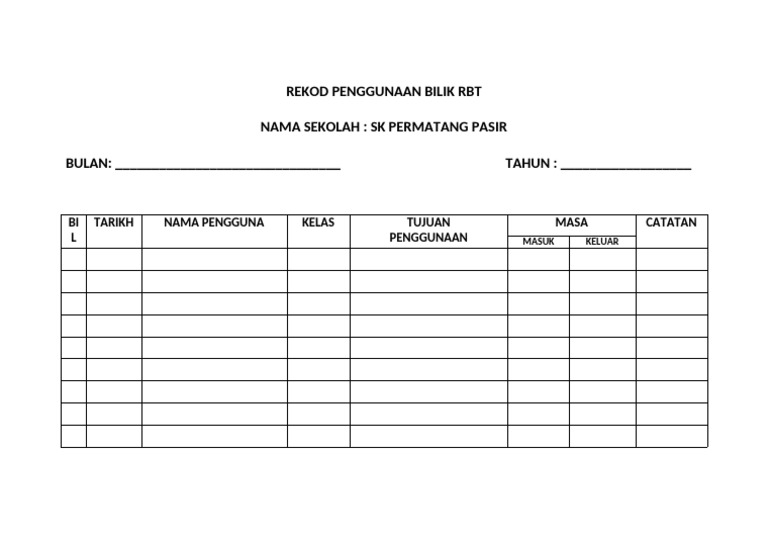 Rekod Penggunaan Bilik RBT | PDF