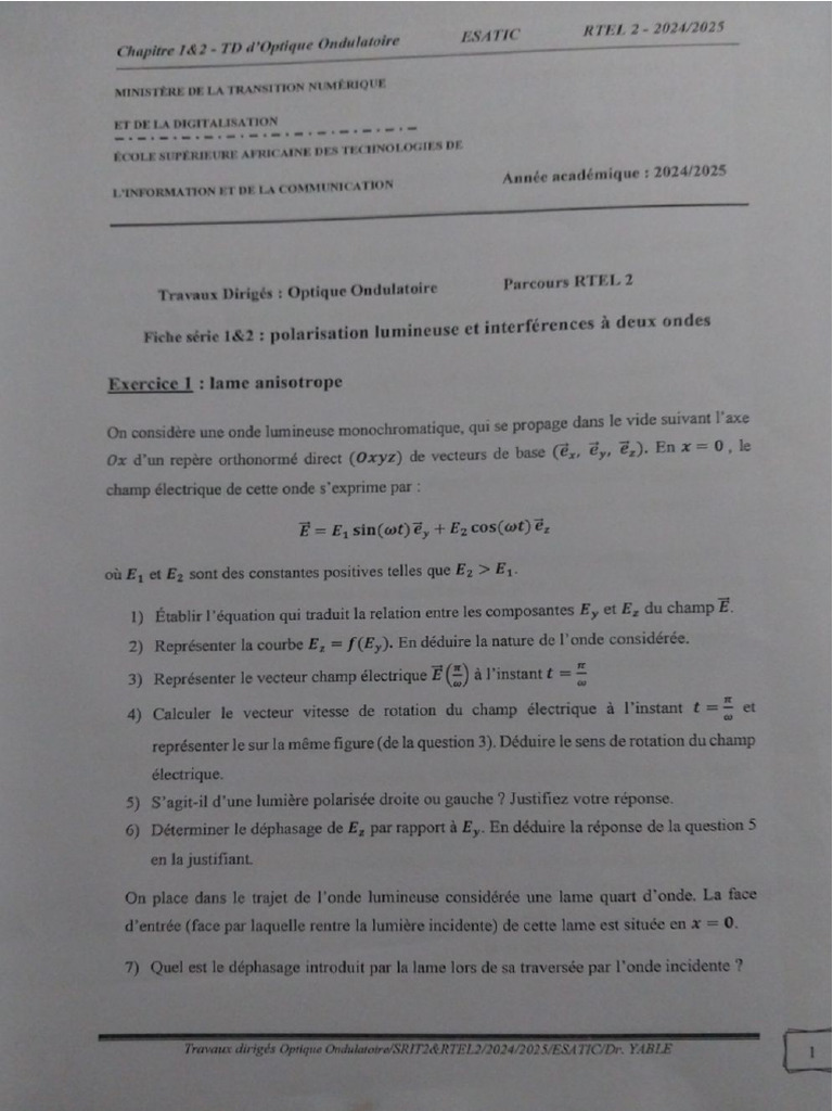 TD Optique Ondulatoire Chap 1 & 2 | PDF