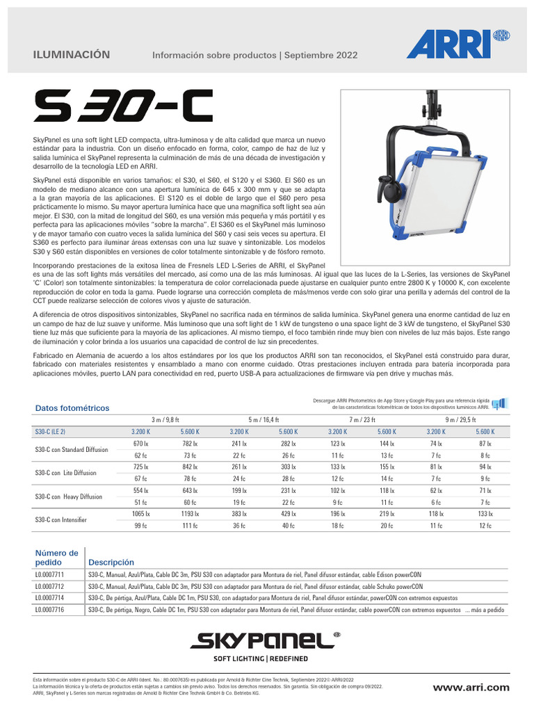 Arri Skypanel s30 C Data Sheet Es Data | PDF | Diodo emisor de luz