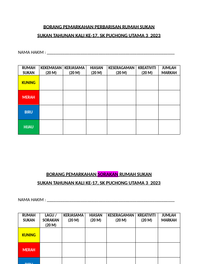 Borang Pemarkahan Perbarisan Rumah Sukan | PDF