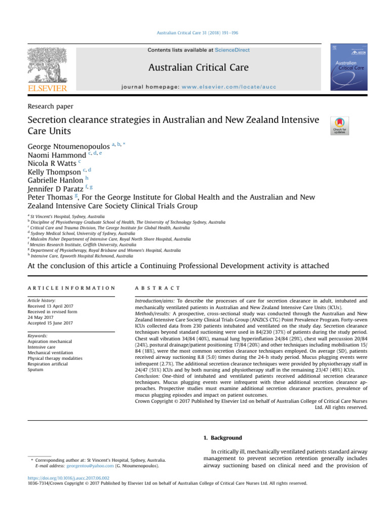 Secretion Clearance Strategies in Australian and New Zealand Intensive ...