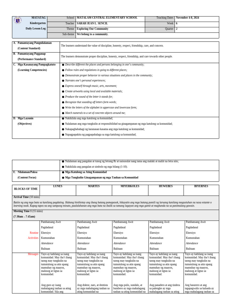 Kindergarten-Q2-Week 6-MATATAG DLL Asf | PDF