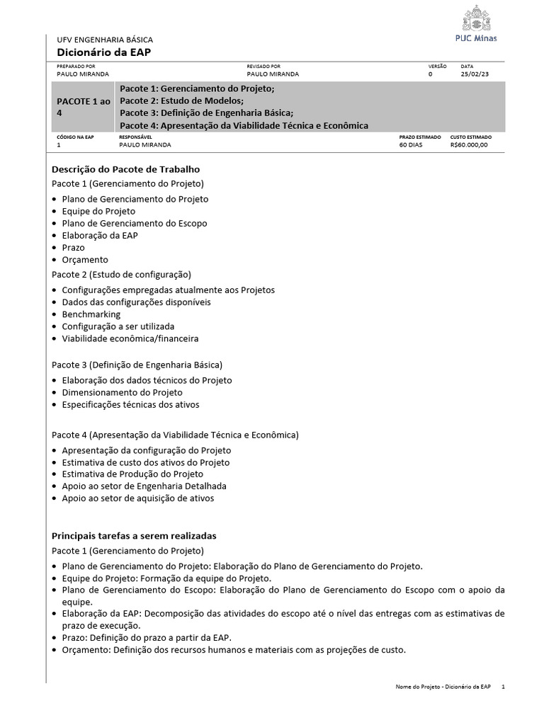 Dicionário da EAP - Projeto de Engenharia | PDF | Economia | Engenharia