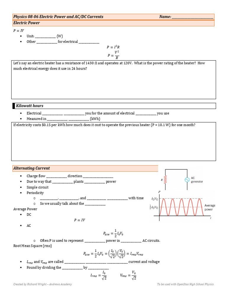 HSPhysics 08-06 Electric Power and AC-DC Currents | PDF | Electric ...