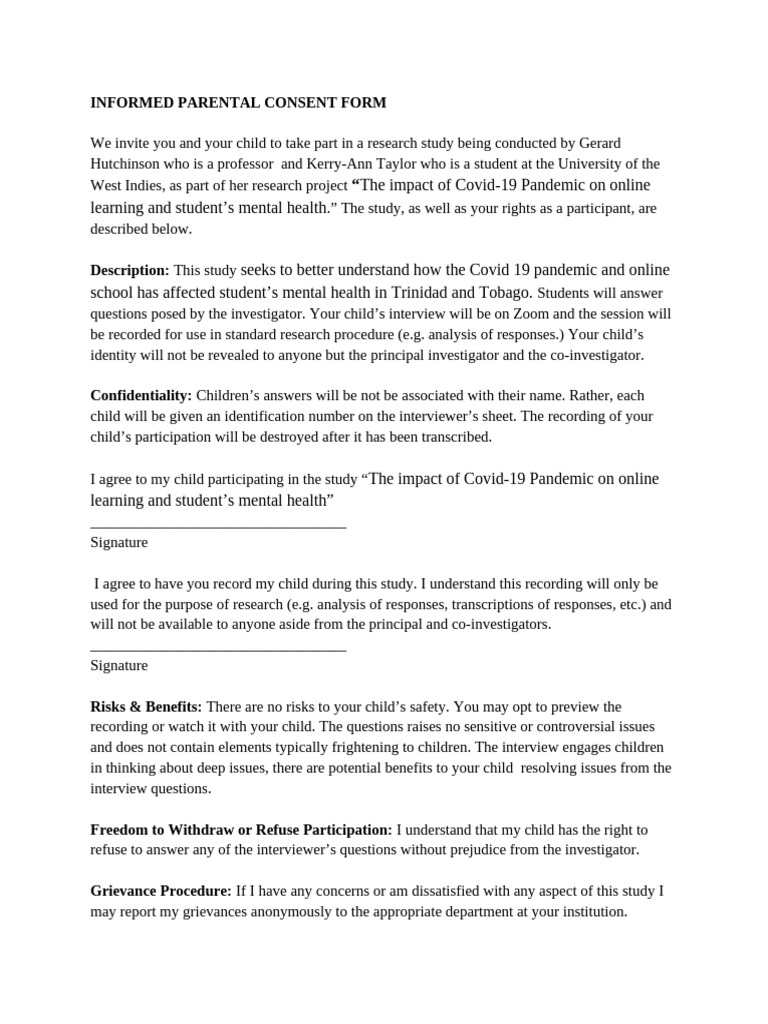 Research project INFORMED PARENTAL CONSENT FORM | PDF | Informed ...