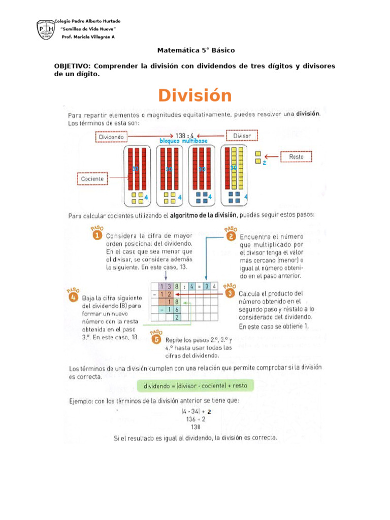 División de tres dígitos para 5° Básico | PDF
