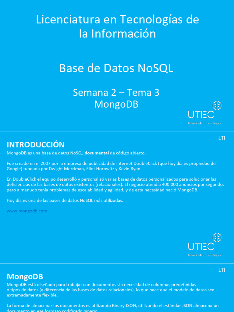 Semana 1 - Tema 3 - Introducción MongoDB | PDF | Mongo Db | Bases de datos