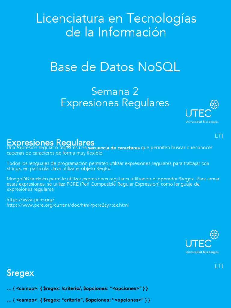 Semana 2 - VC 2 - NoSQL | PDF | Expresión regular | Programación de computadoras