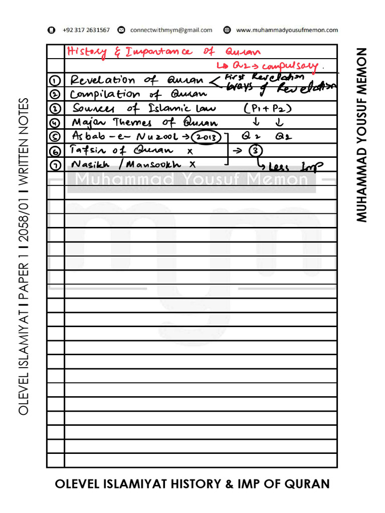 O-Level Islamiat Notes by Memon | PDF | Islamic Texts | Quran
