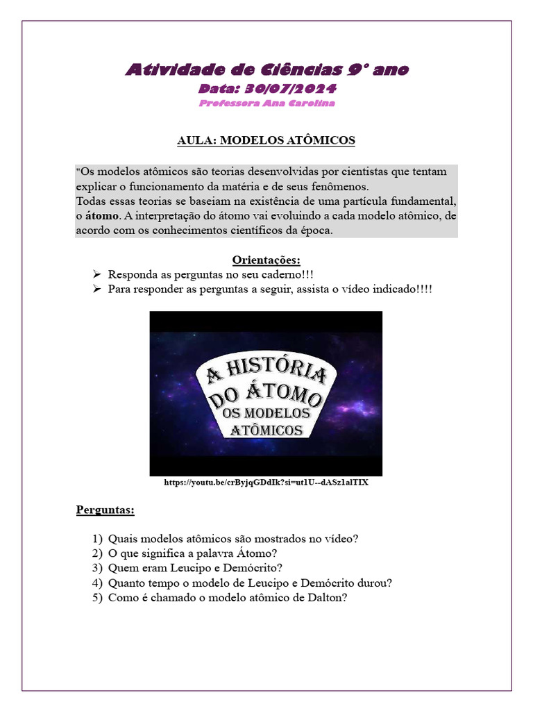 Modelos Atômicos: Aula de Ciências 9º Ano | PDF
