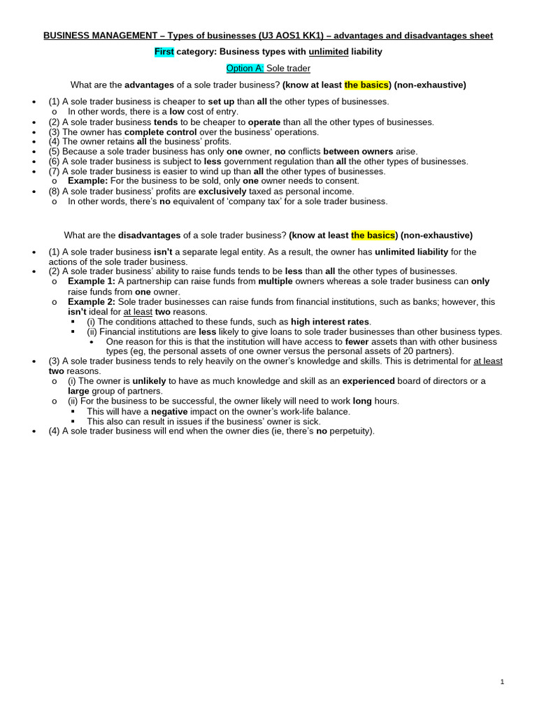 1c - KK1 - Types of Businesses - + and - Sheet | PDF | Partnership ...