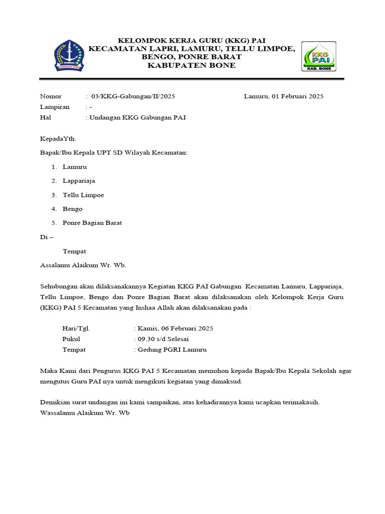 Surat Undangan KKG Gabungan | PDF