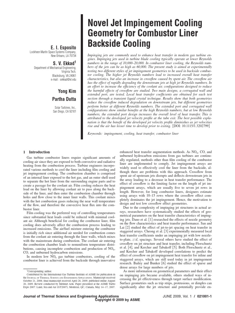 Novel Jet Impingement Cooling Geometry For Combustor Liner Backside ...
