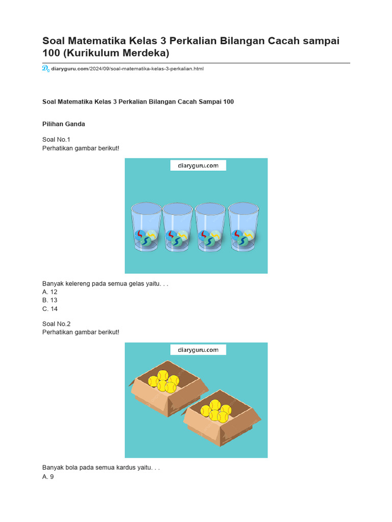 Soal Matematika Kelas 3 Perkalian Bilangan Cacah Sampai 100 (Kurikulum Merdeka) | PDF