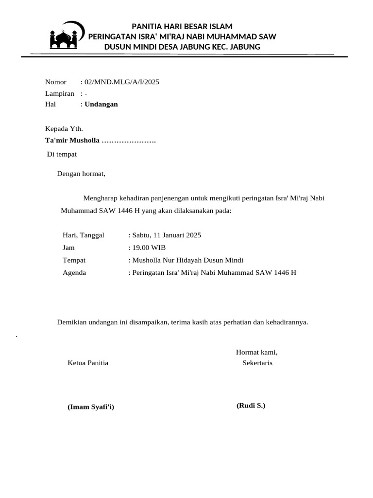 Surat Undangan Isra' Mi'raj 2025 Dusun Mindi | PDF