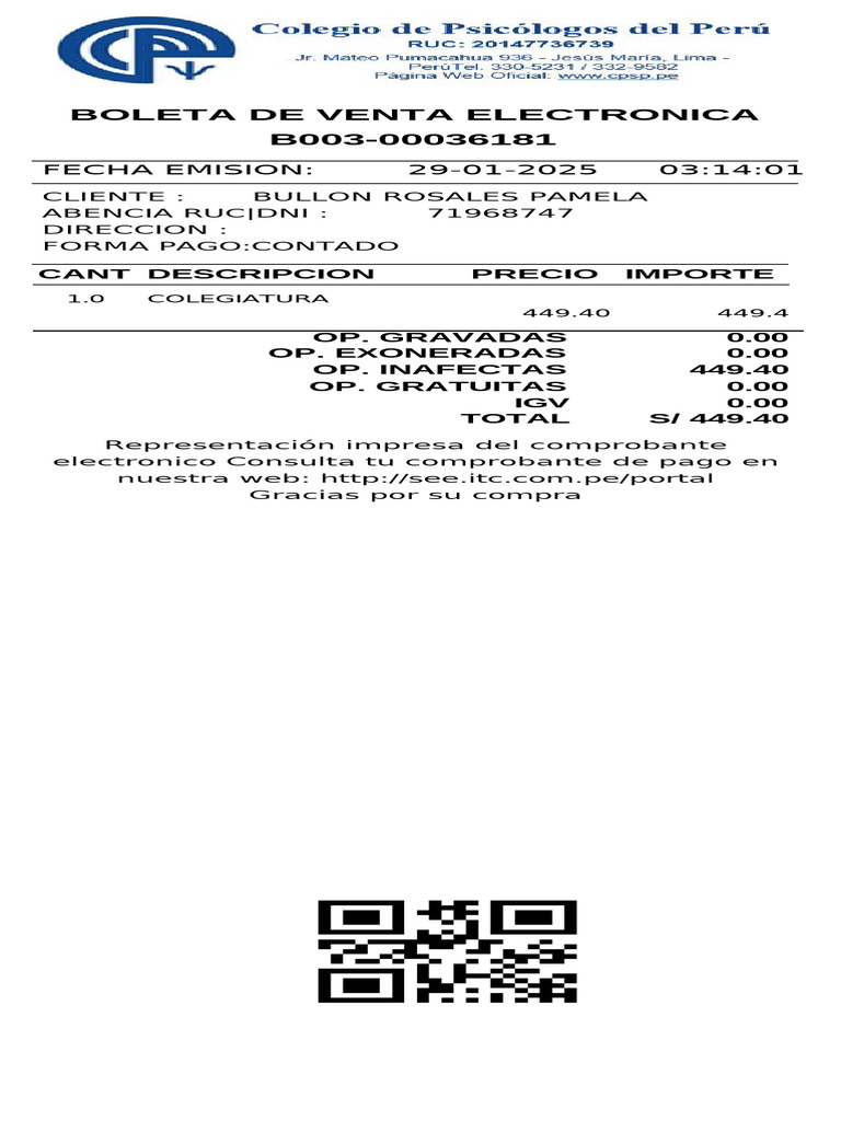 Boleta de Venta Electronica B003-00036181: Fecha Emision: 29-01-2025 03:14:01 | PDF