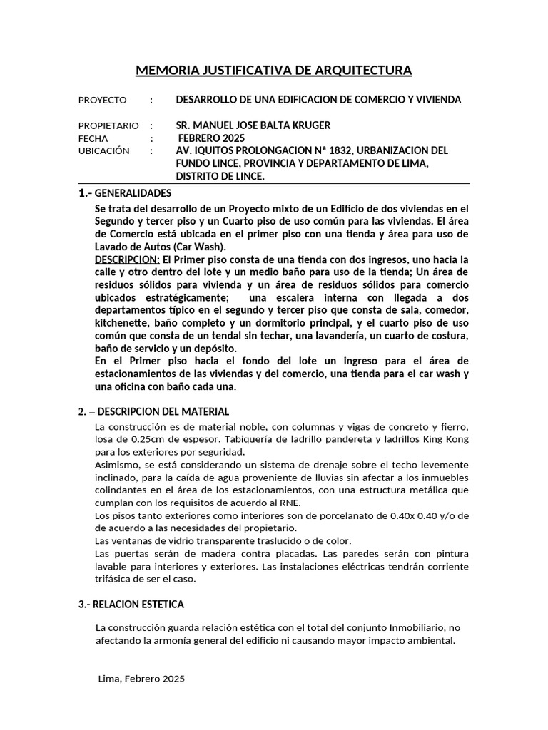 Memoria Justificativa Arquitectura Lince 2025 | PDF | edificio | Diseño arquitectonico