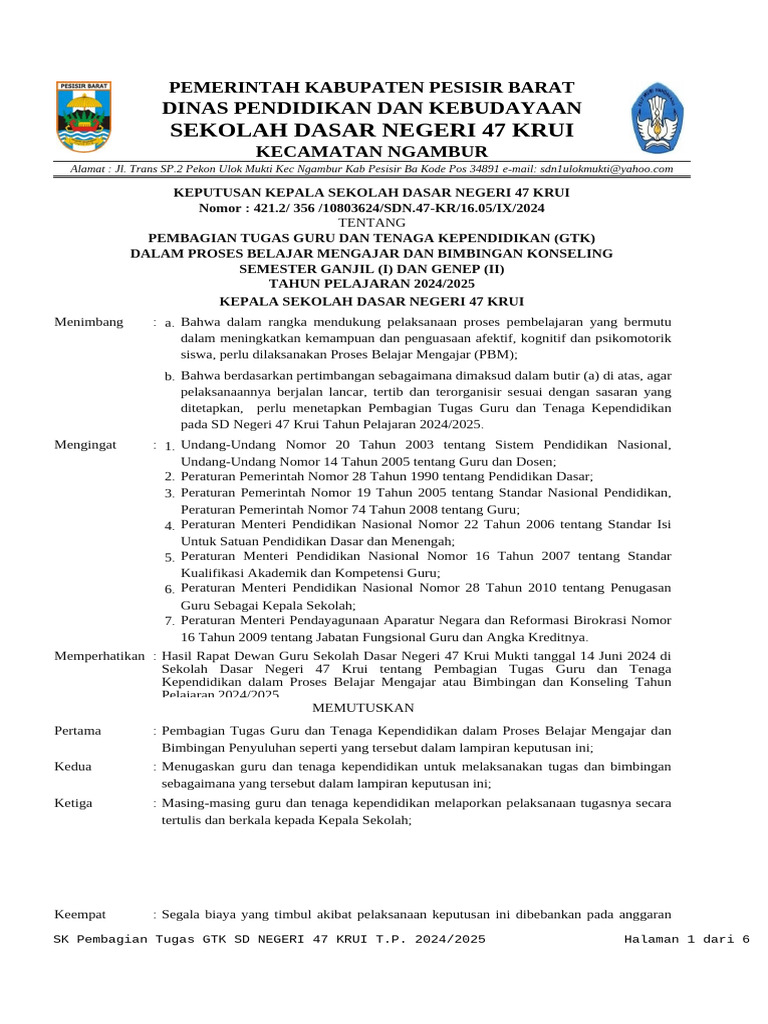 Pembagian Jam Pembelajaran 2024,2025 | PDF