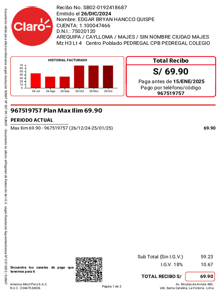 Recibo Claro: Detalles y Consumo Móvil | PDF