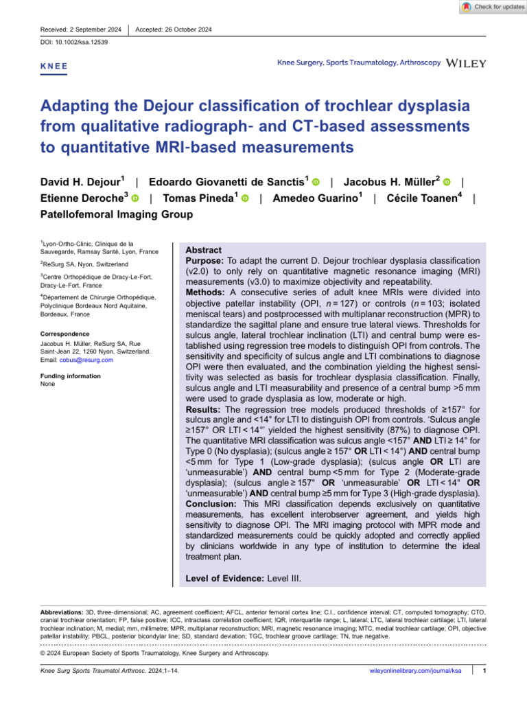 MRI-Based Dejour Classification Update | PDF | Sensitivity And ...