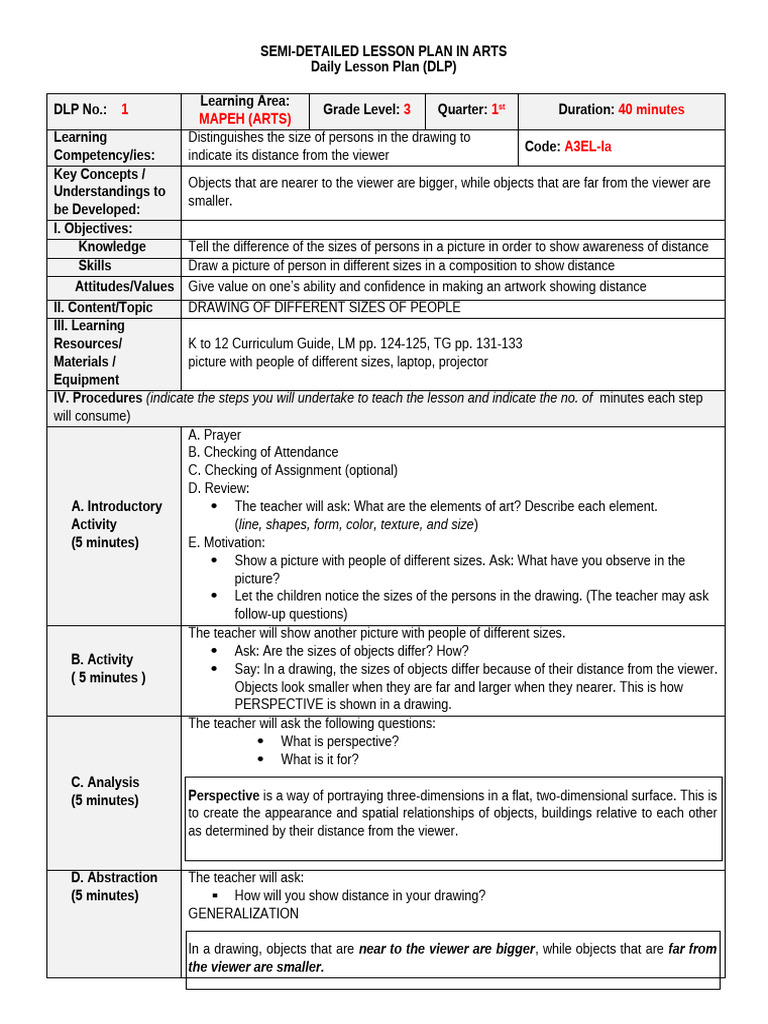 MELC-Based Arts Lesson Plan for Grade 3 | PDF | Lesson Plan | Learning